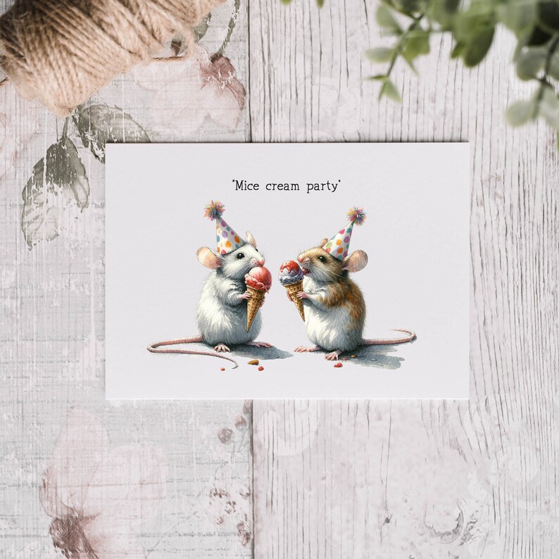 A6/A5 Birthday Card, Mice Cream Party Birthday Card, Mouse Birthday ...