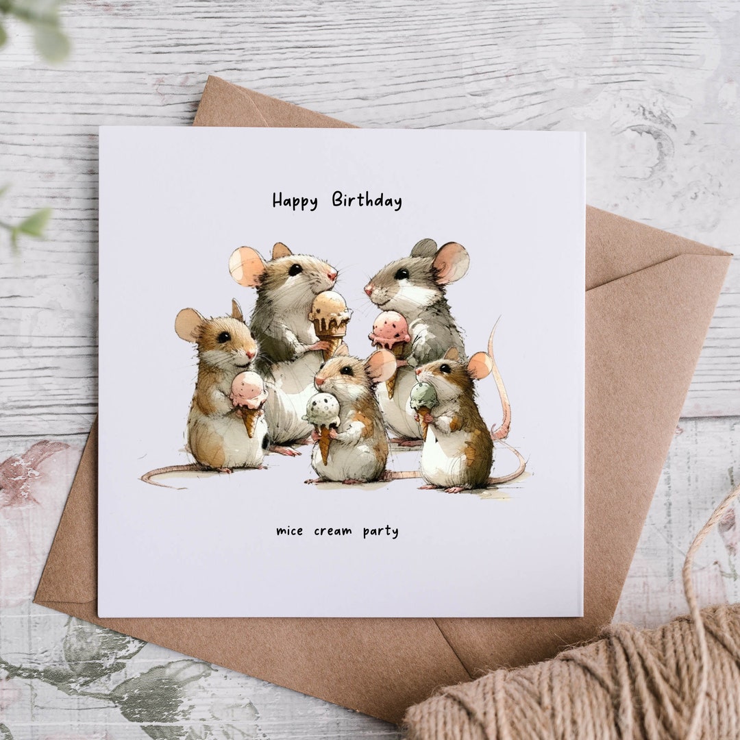A4 Funny Birthday Card, Mice Cream Party Birthday Card, Mouse Birthday ...