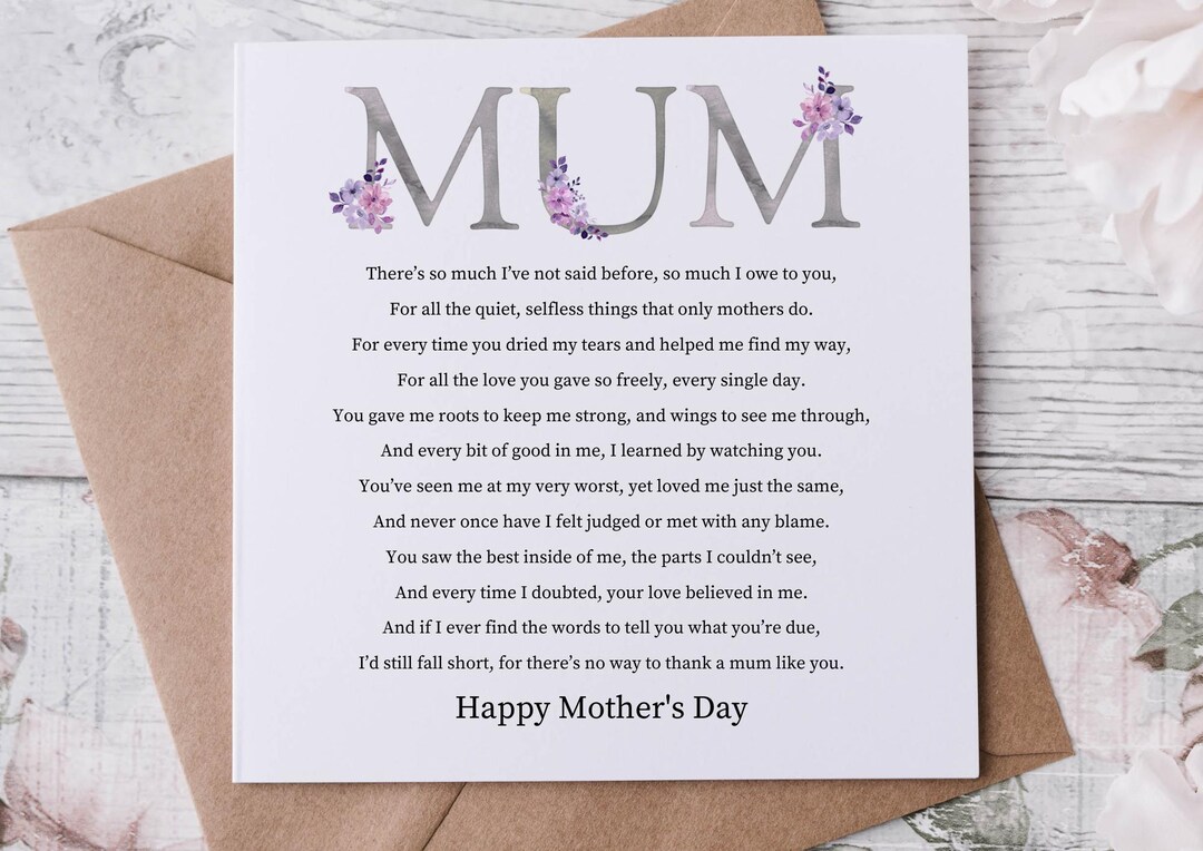 Mothers Day Poem Card, Mothering sunday, Personalised Mothers Day card ...