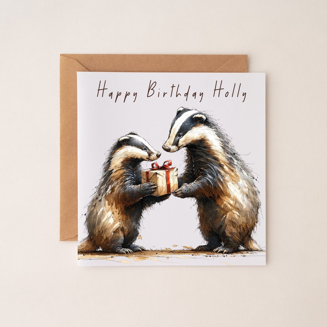 Badger Birthday Card Unique Watercolour Painting Personalised Badger ...