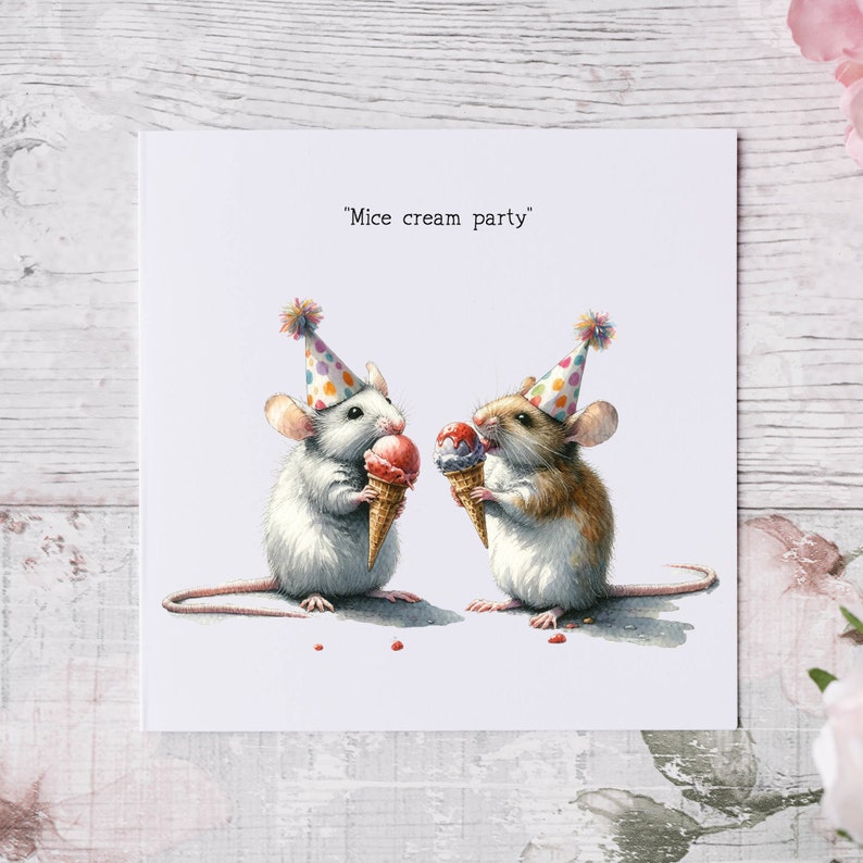 A6/A5 Birthday Card, Mice Cream Party Birthday Card, Mouse Birthday ...