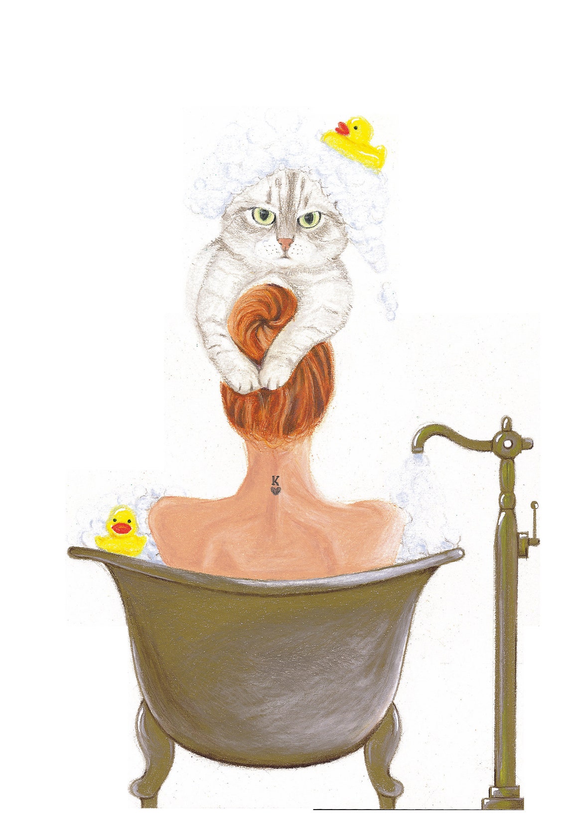 Taking a Bath With a Cat / Color-pencil Drawing/a Cat Print /a Cat ...
