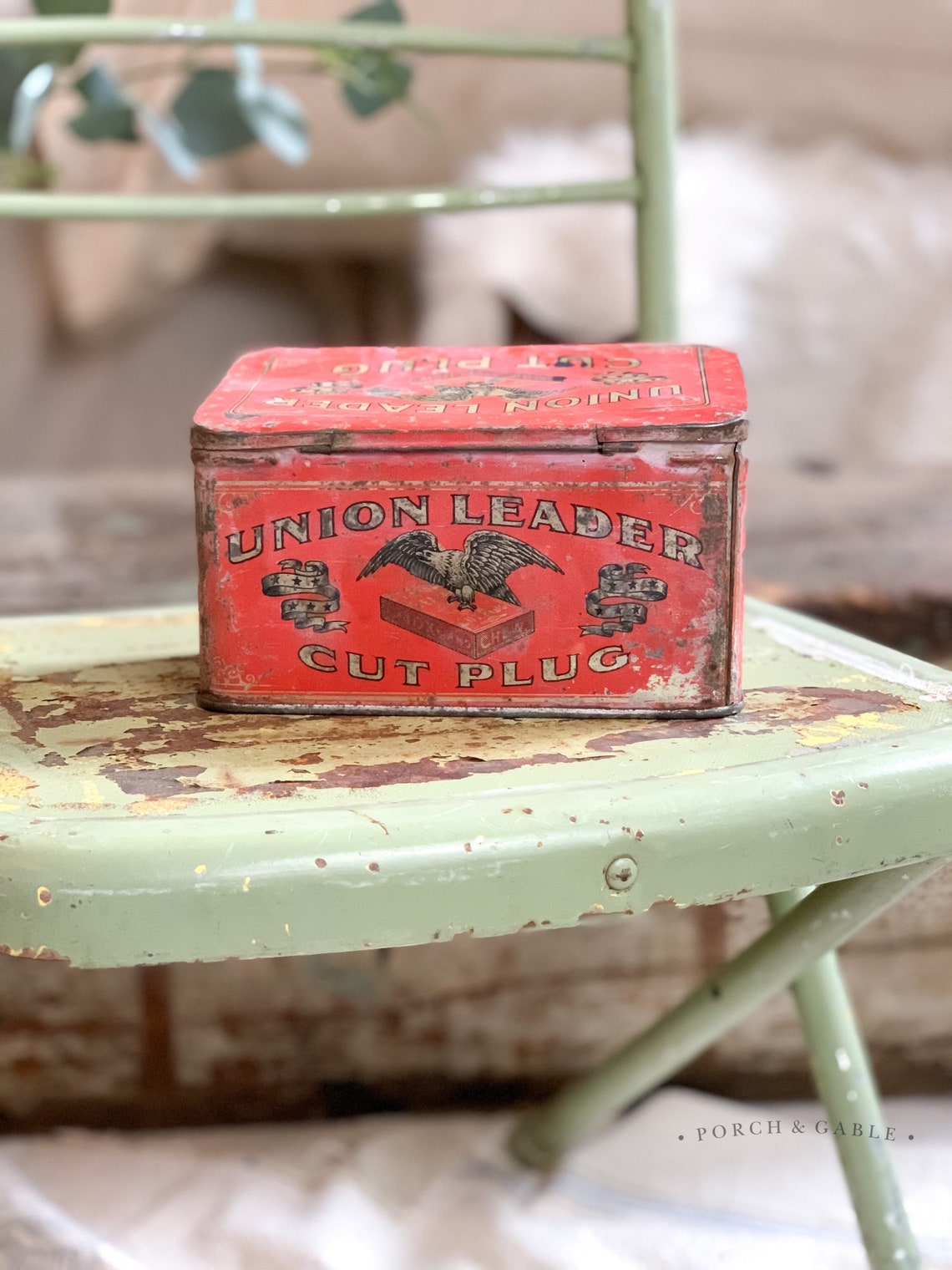 Vintage Tobacco Tin, Union Leader Cut Plug Advertising Graphics Tin ...