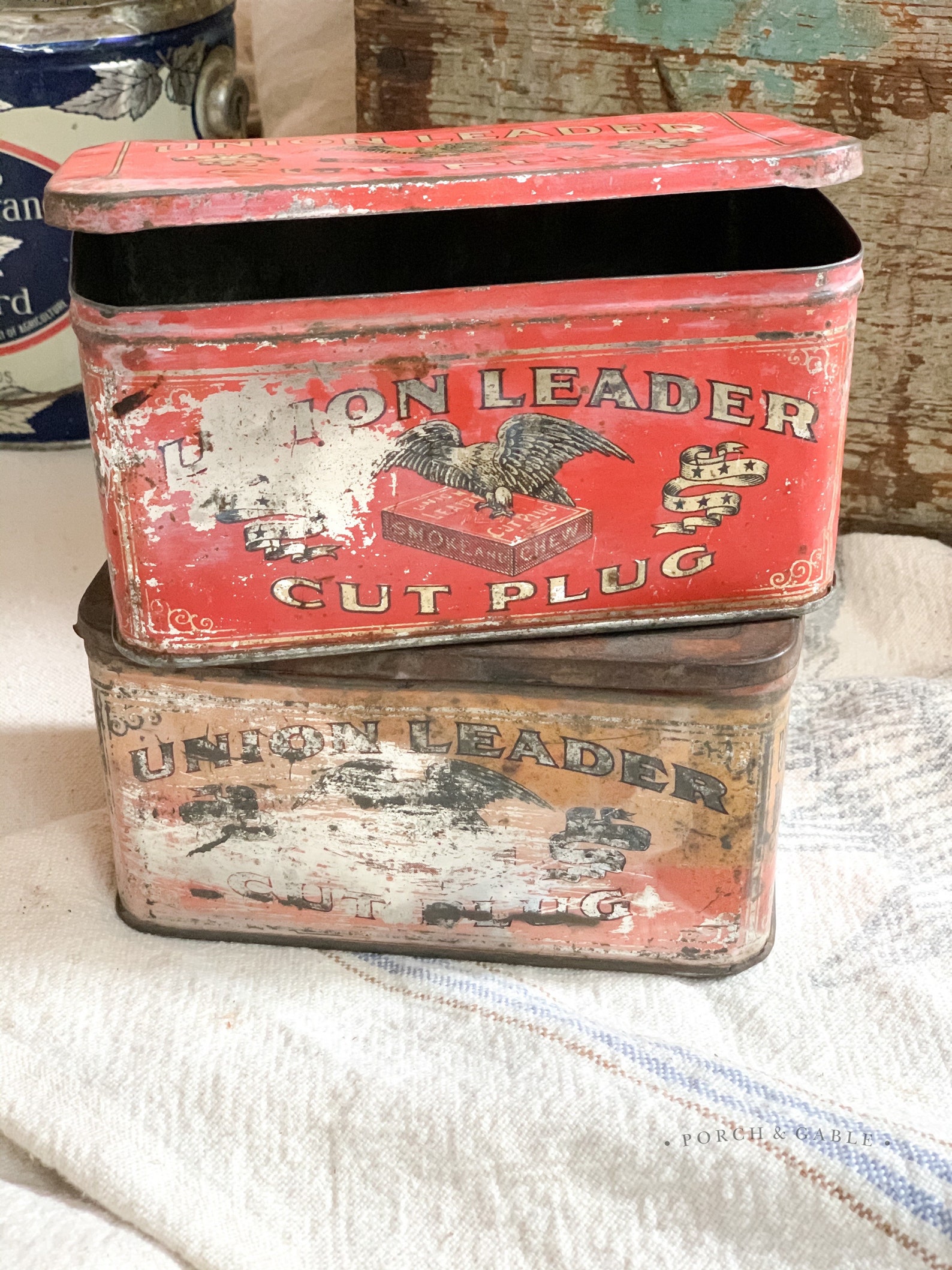 Vintage Tobacco Tin, Union Leader Cut Plug Advertising Graphics Tin ...
