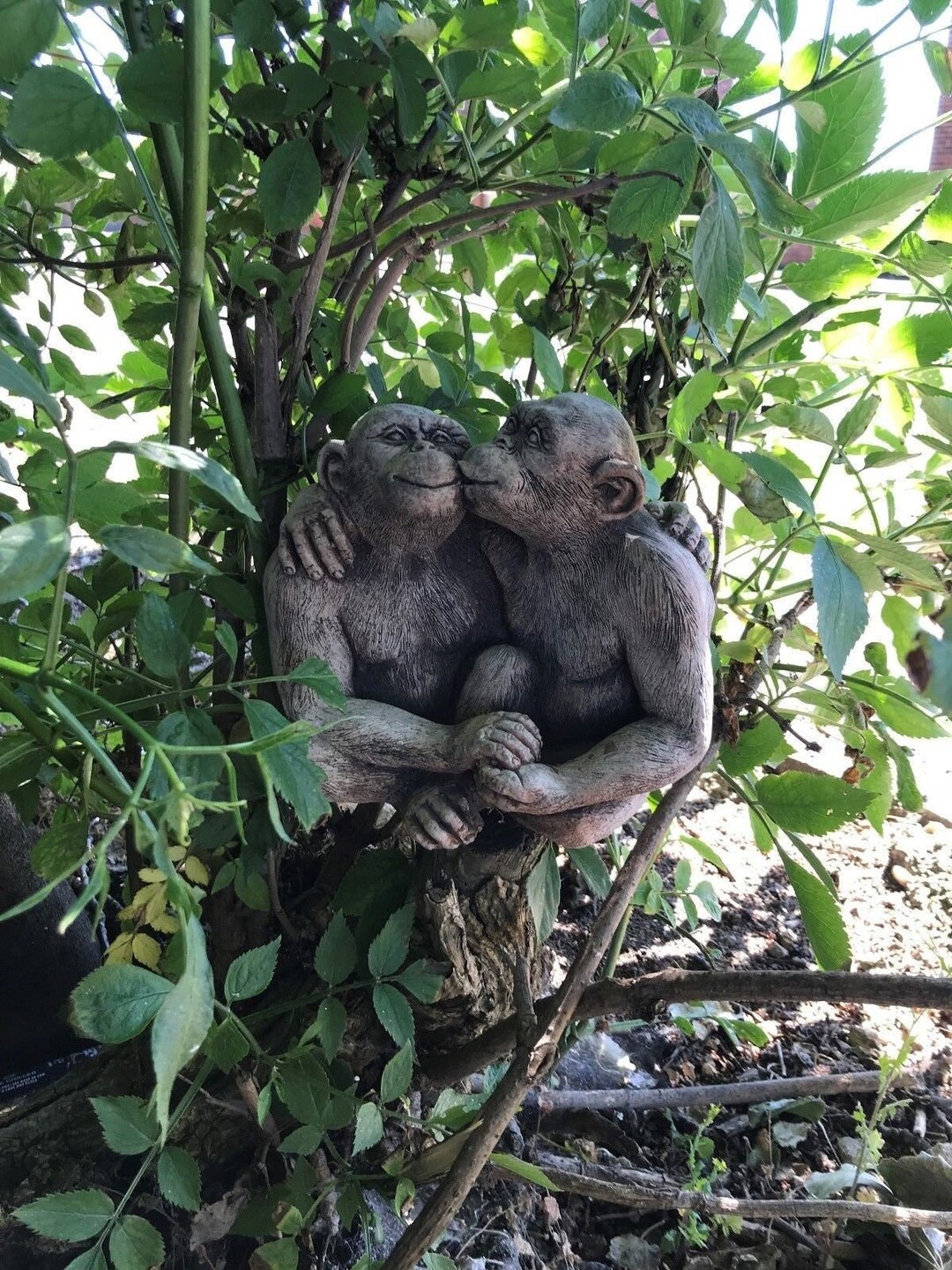 Monkey Couple Stone Statue - Adorable Garden Decor - Weatherproof ...