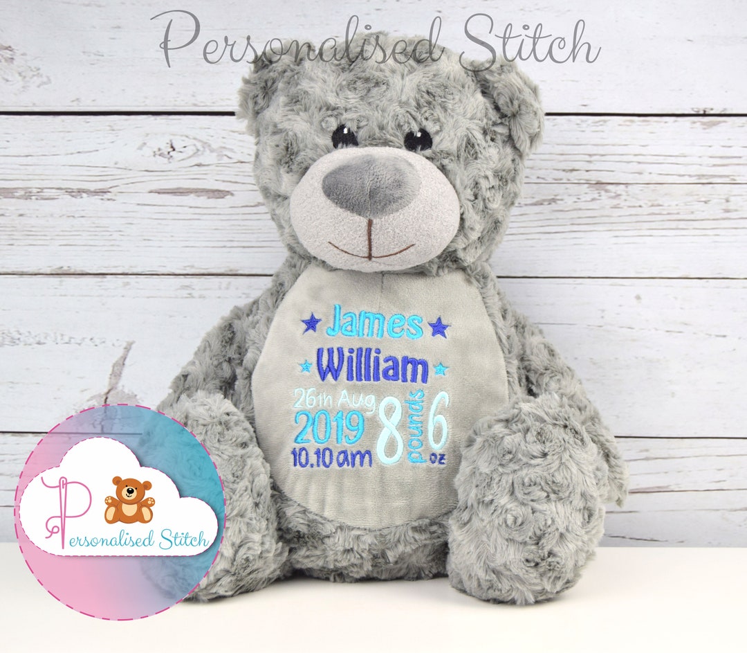 Personalised Grey Teddy Bear Personalized Teddies Embroidered Newborn ...
