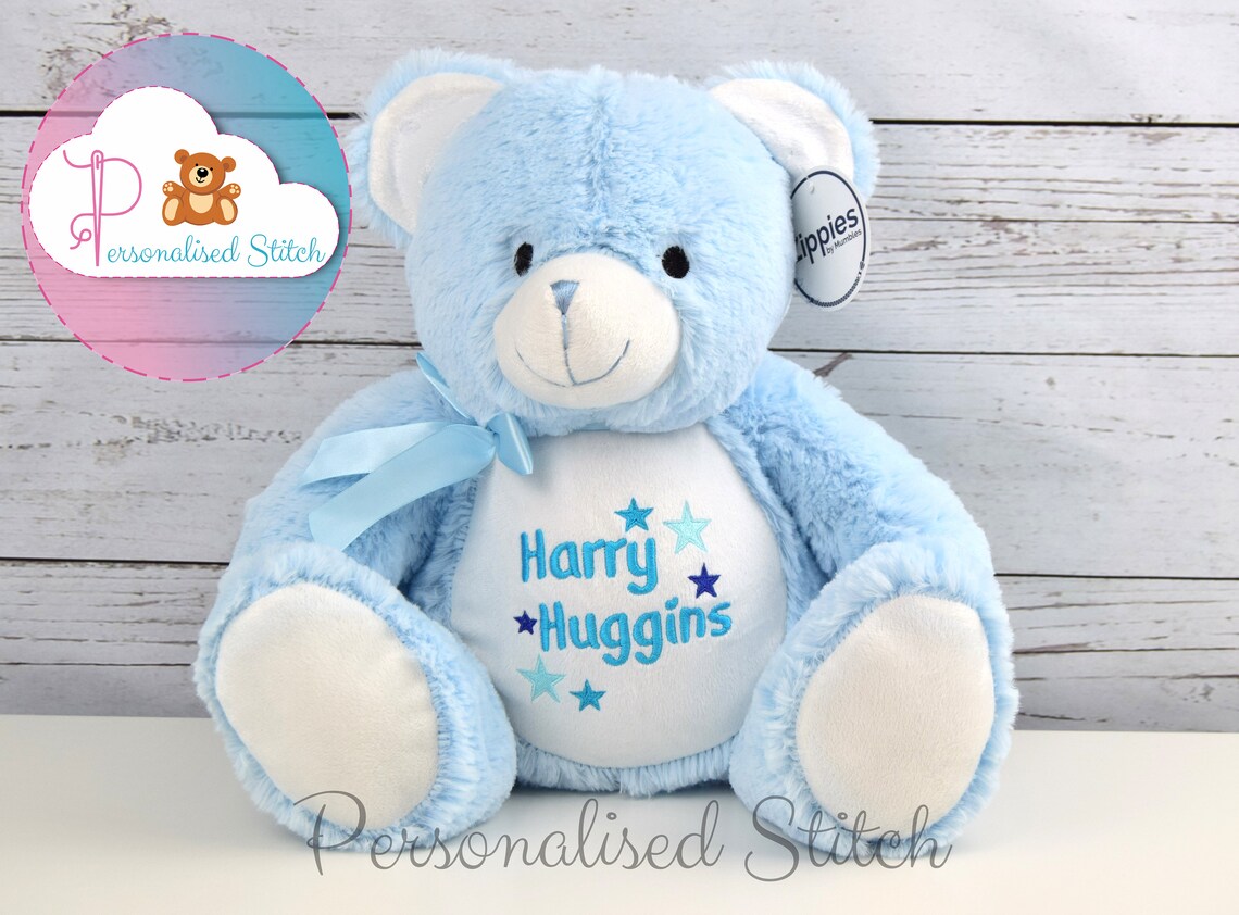 Personalised Blue Teddy Bear Embroidered Bears Embroidered Birthday ...