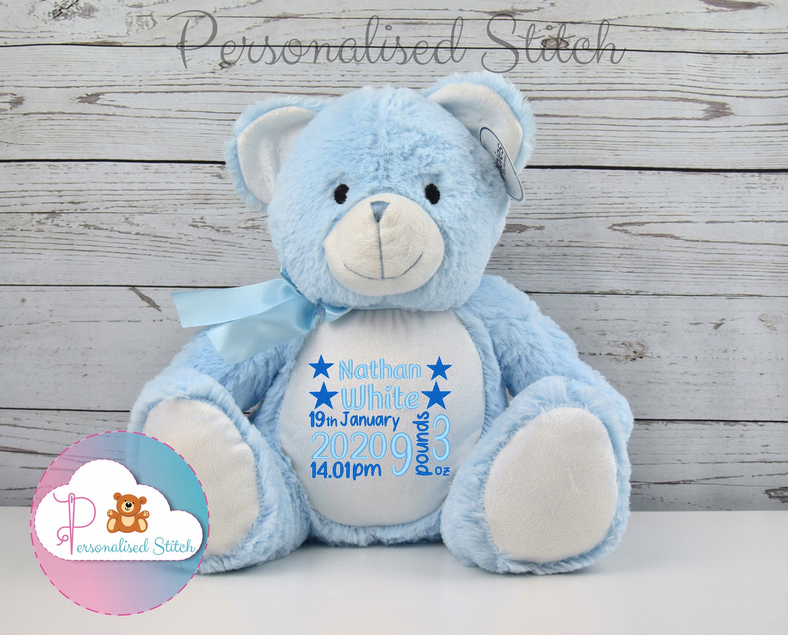 Personalised Blue Teddy Bear Embroidered Bears Embroidered Birthday ...