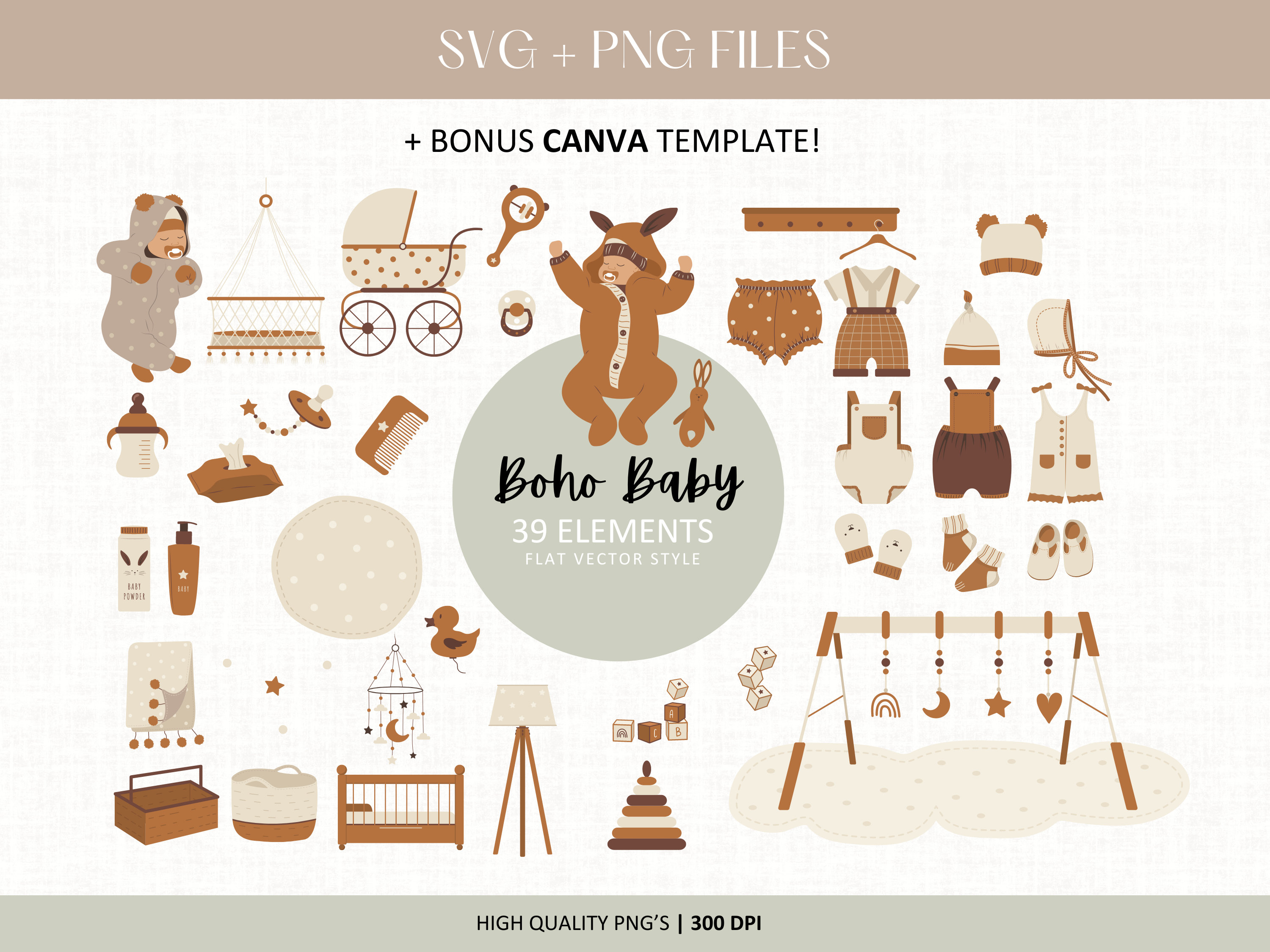 Baby SVG Bundle, Boho PNG, Canva Template, Bohemian Clipart, Baby ...