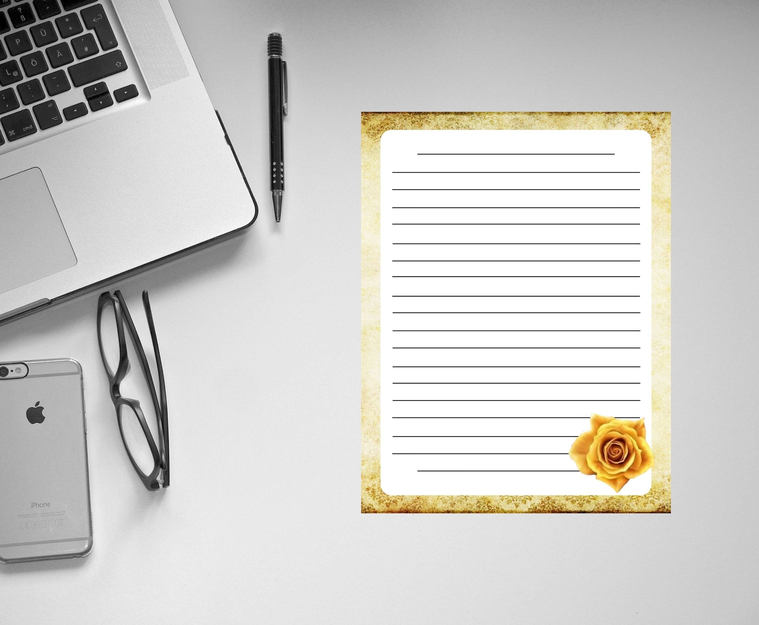 Printable Stationery, Yellow Roses Pages, US Letter Size PDF, Instant ...