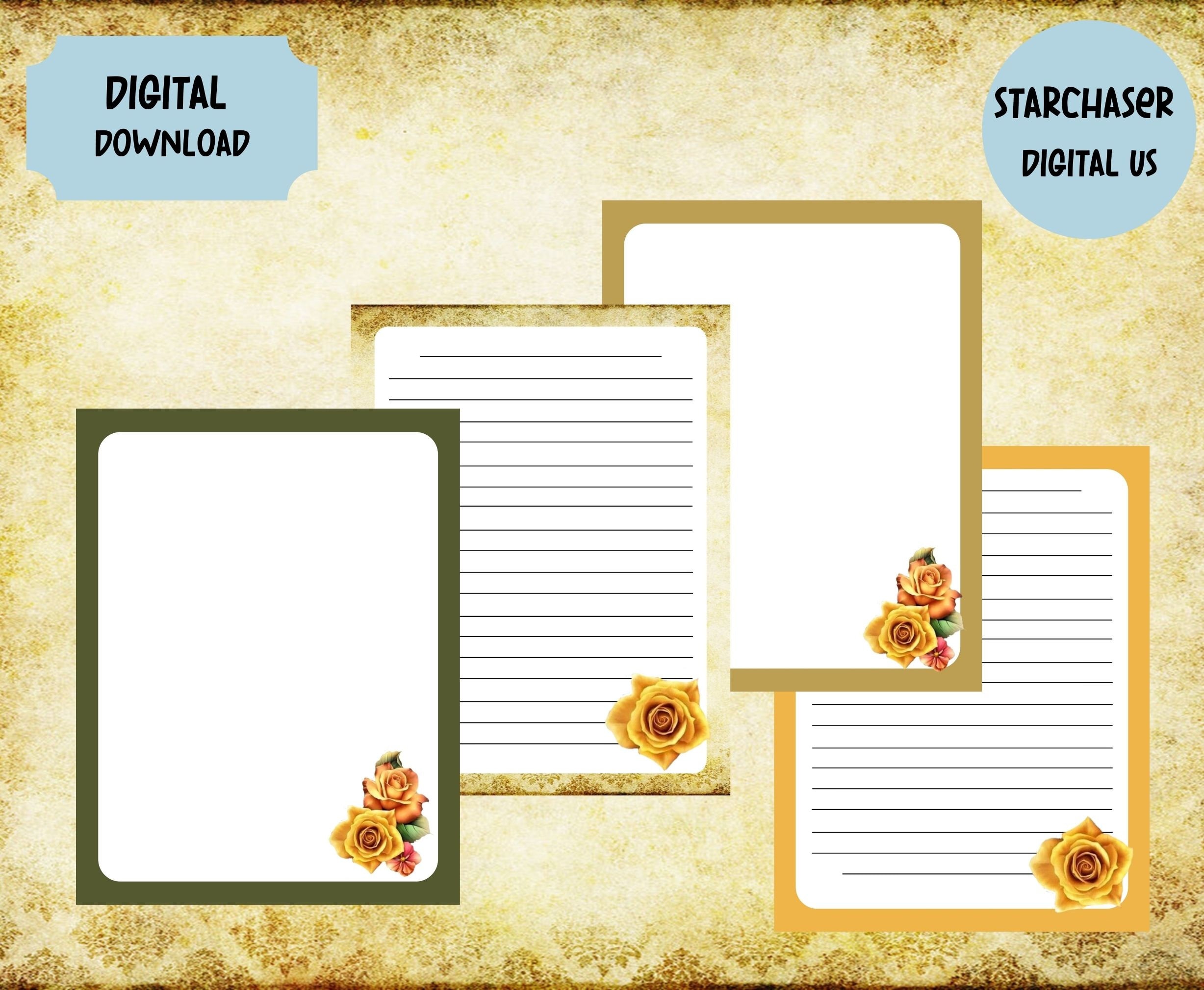 Printable Stationery, Yellow Roses Pages, US Letter Size PDF, Instant ...