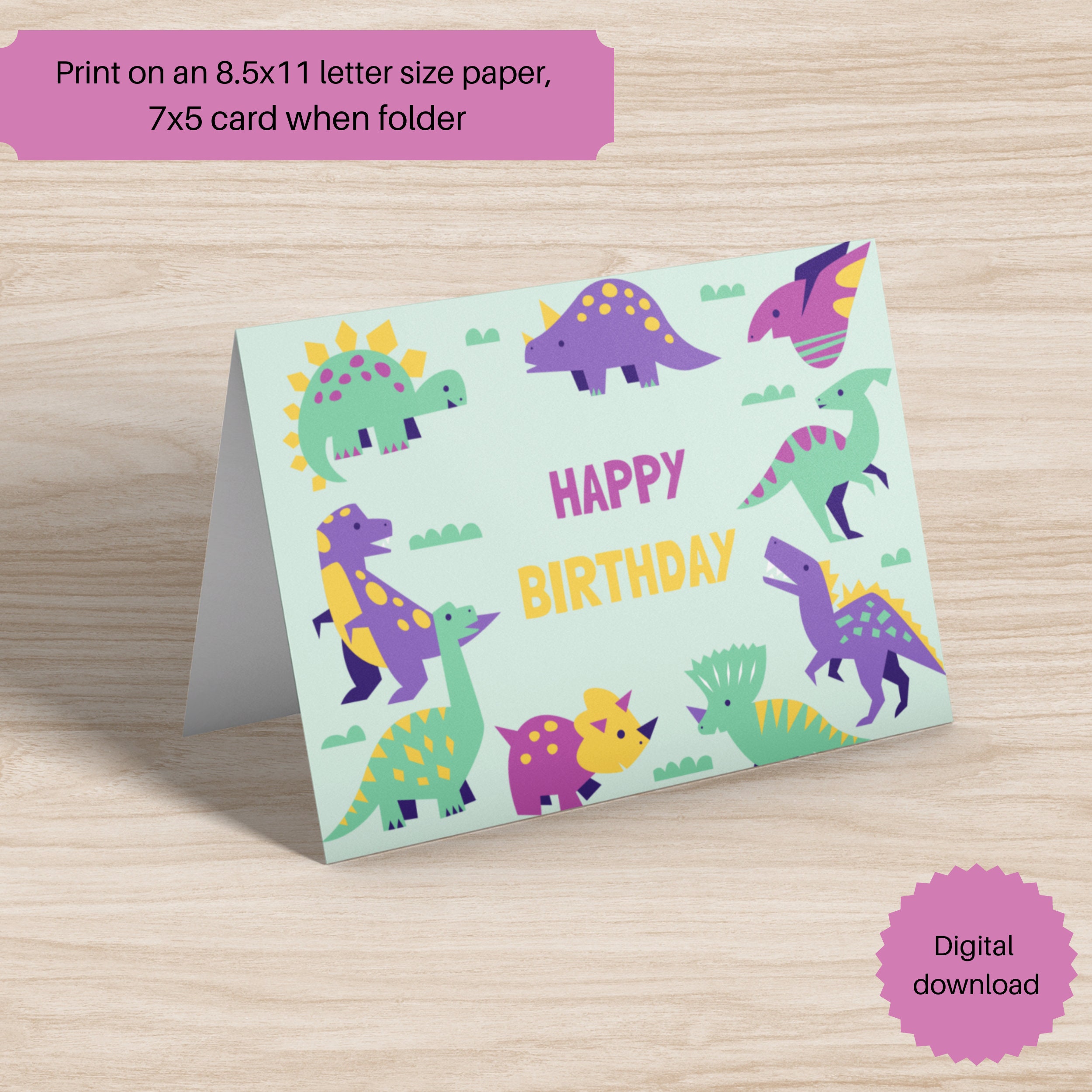 Printable Dinosaur Birthday Card, US Letter Size, PDF File, Instant ...