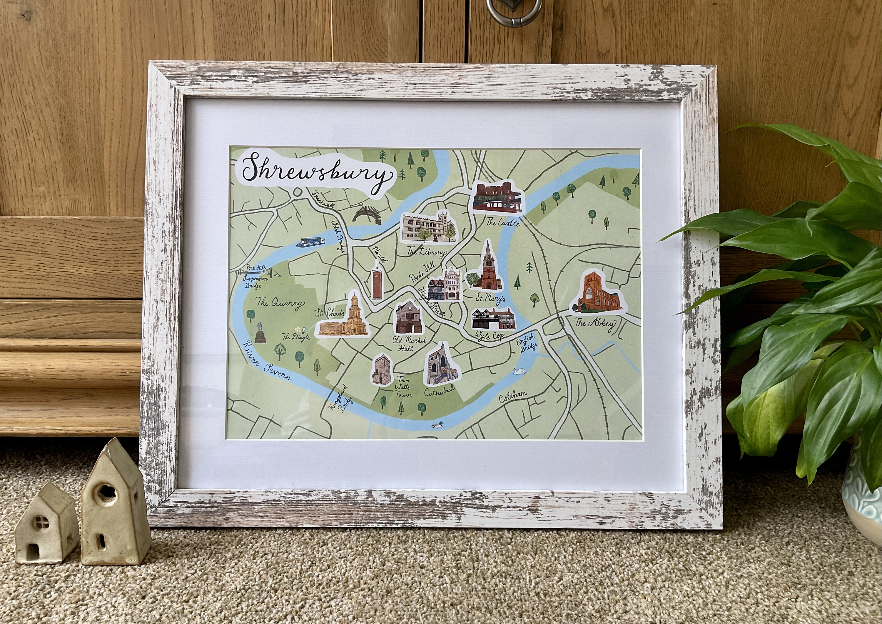 A4 Illustrated Map of Shrewsbury, Shropshire Art Print With ...