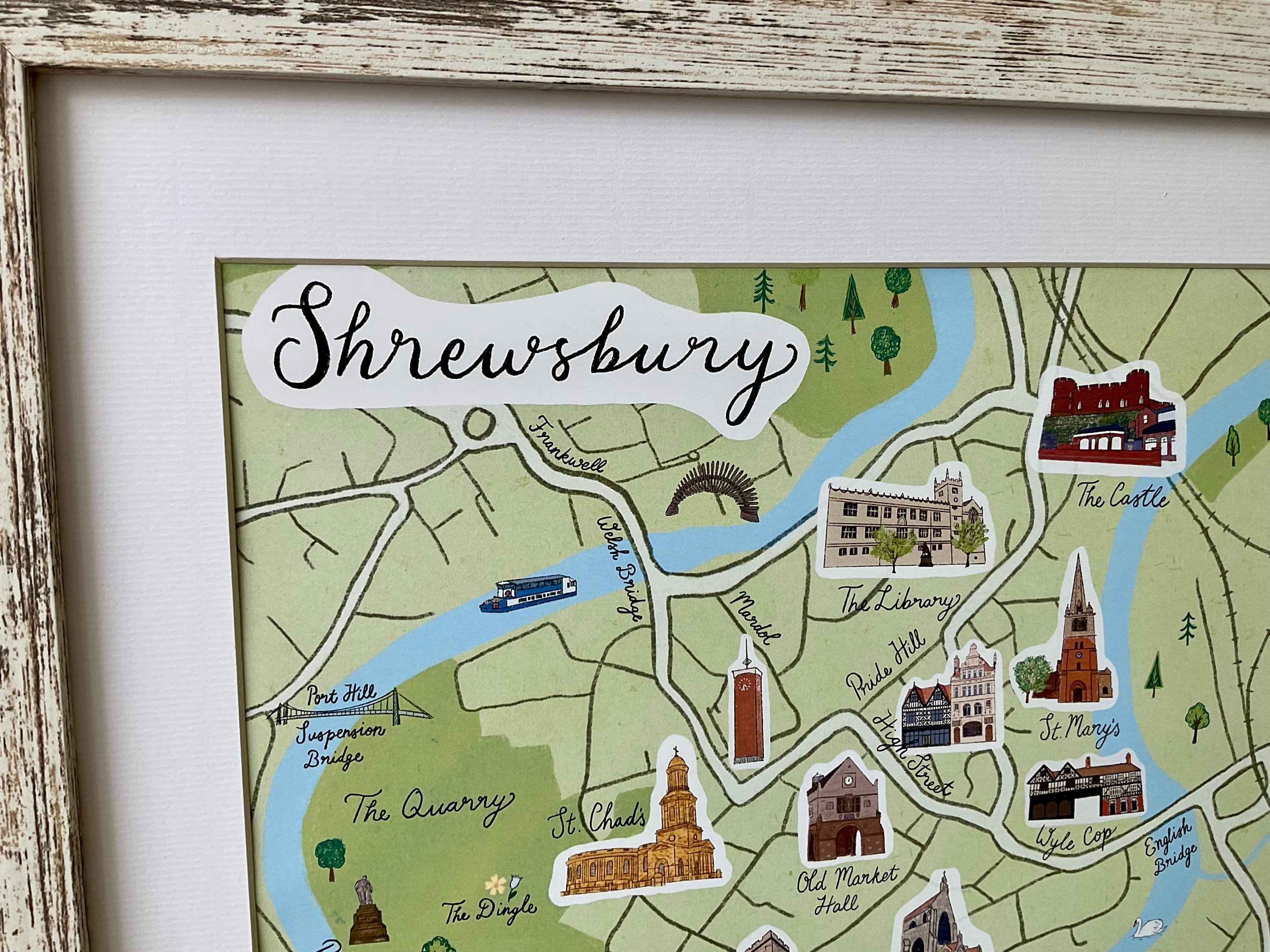 A4 Illustrated Map of Shrewsbury, Shropshire Art Print With ...