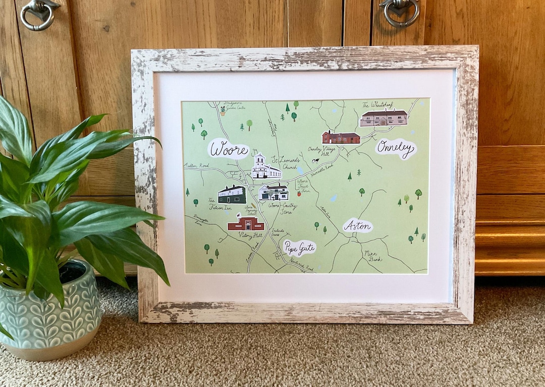 A4 Illustrated Map of Woore, Shropshire, and Onneley Staffordshire Art ...