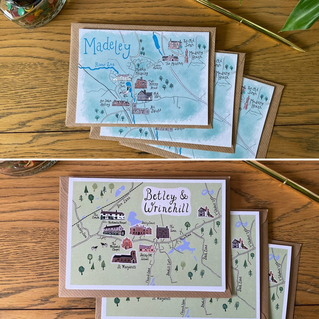 Madeley & Betley Map Greetings Cards // Hand Drawn Maps Staffordshire ...