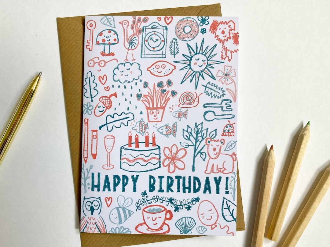 Doodles Happy Birthday Greeting Card - Etsy UK
