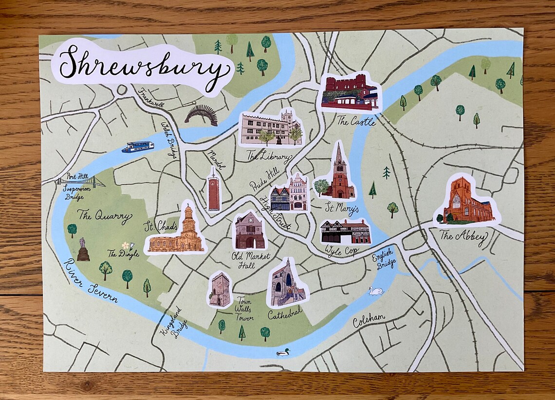 A4 Illustrated Map of Shrewsbury, Shropshire Art Print With ...