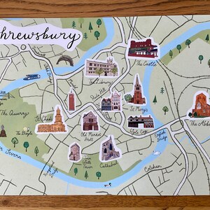 A4 Illustrated Map of Shrewsbury, Shropshire Art Print With ...