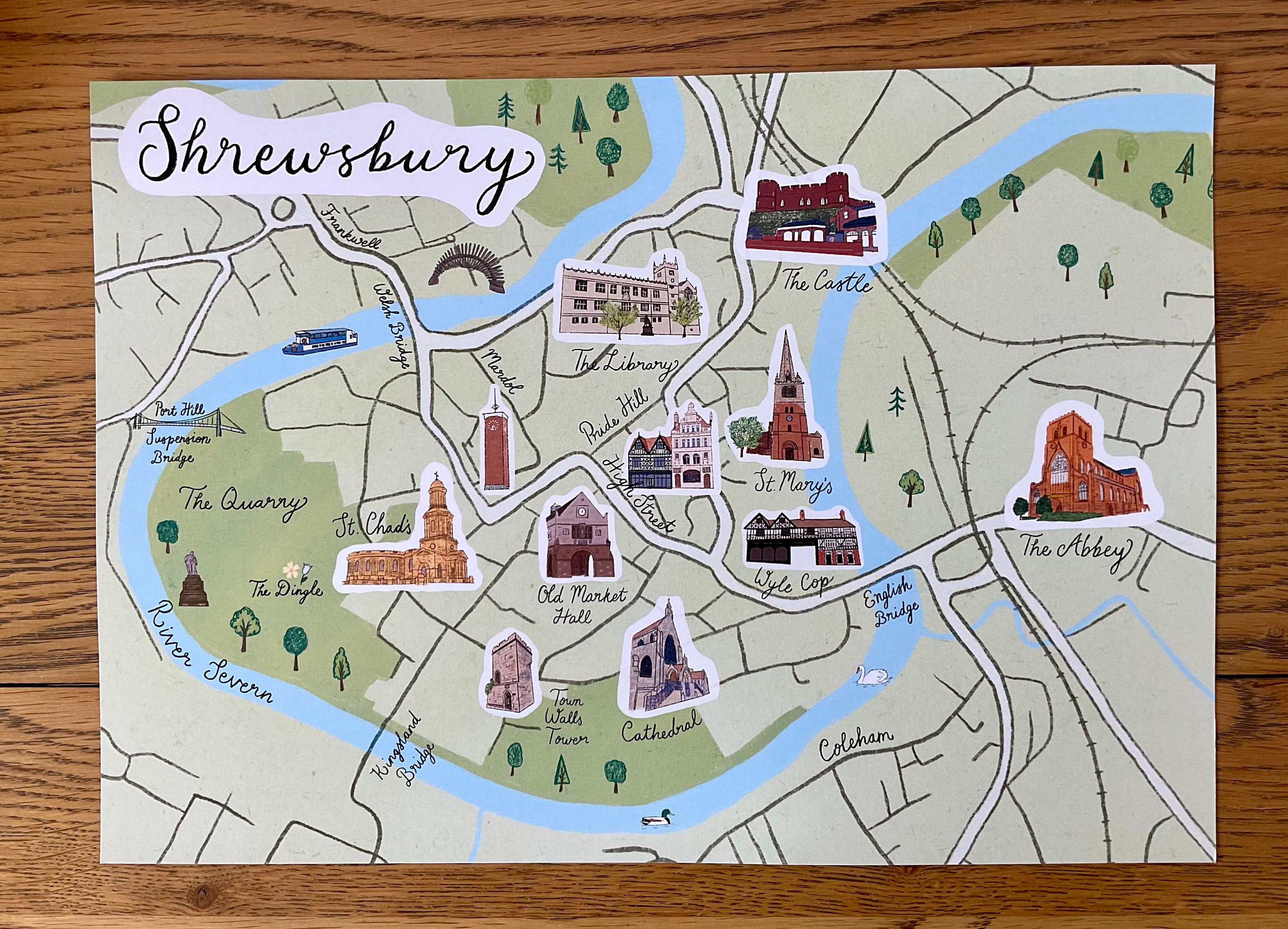 A4 Illustrated Map of Shrewsbury, Shropshire Art Print With ...