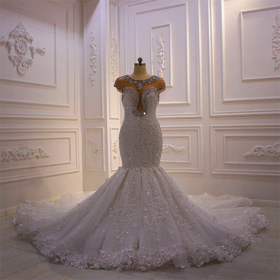 Luxury Crystal Beaded Sparkling Cap Sleeve Deep V 3D Floral Mermaid ...