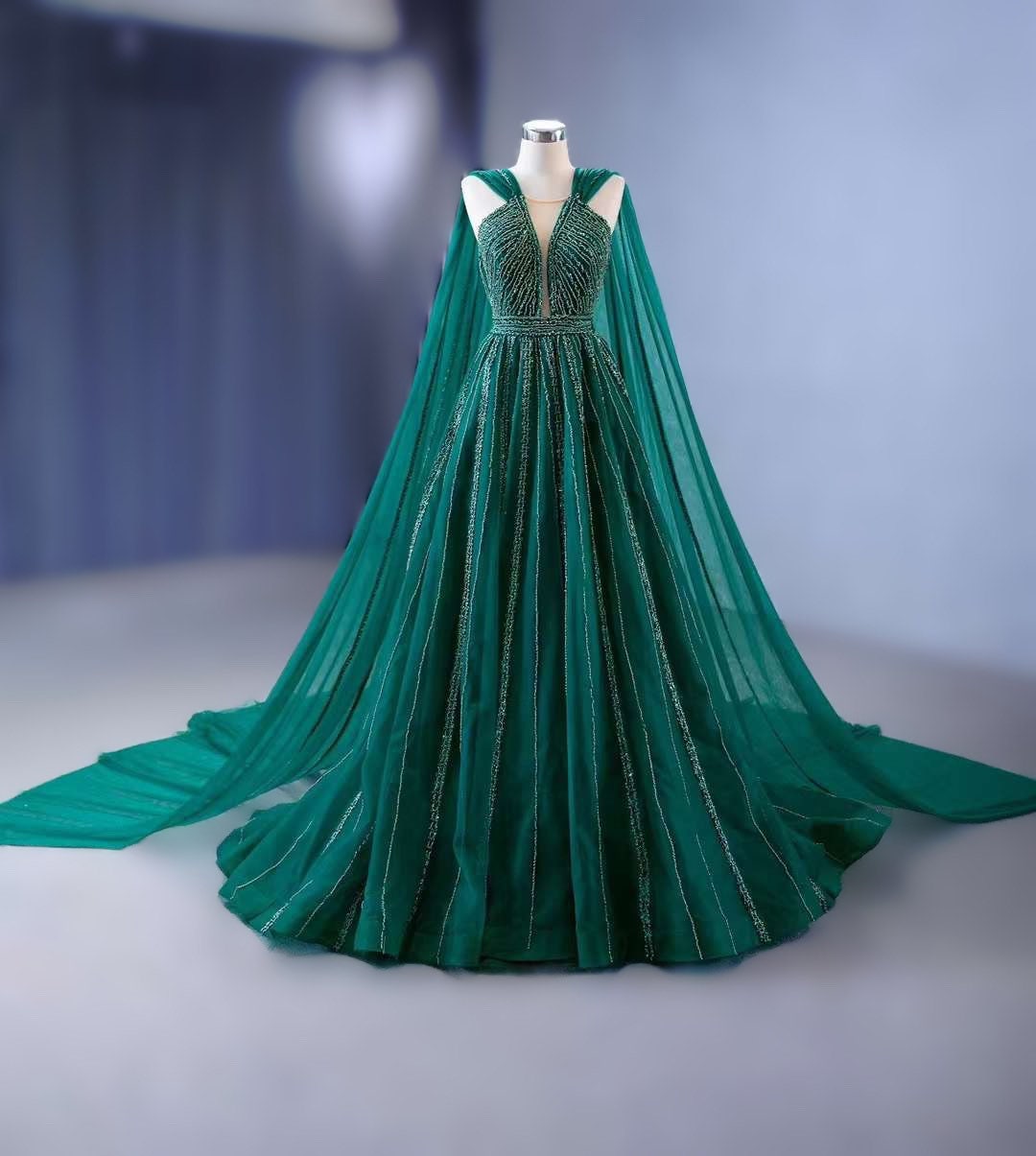 Custom-made Green Aline Formal Event Dress With Beading and Cape ...