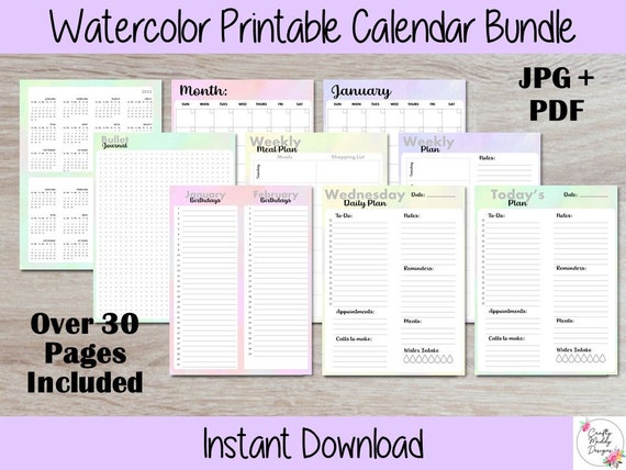 Watercolor Calendar Planner Bundle Printable Daily Weekly - Etsy