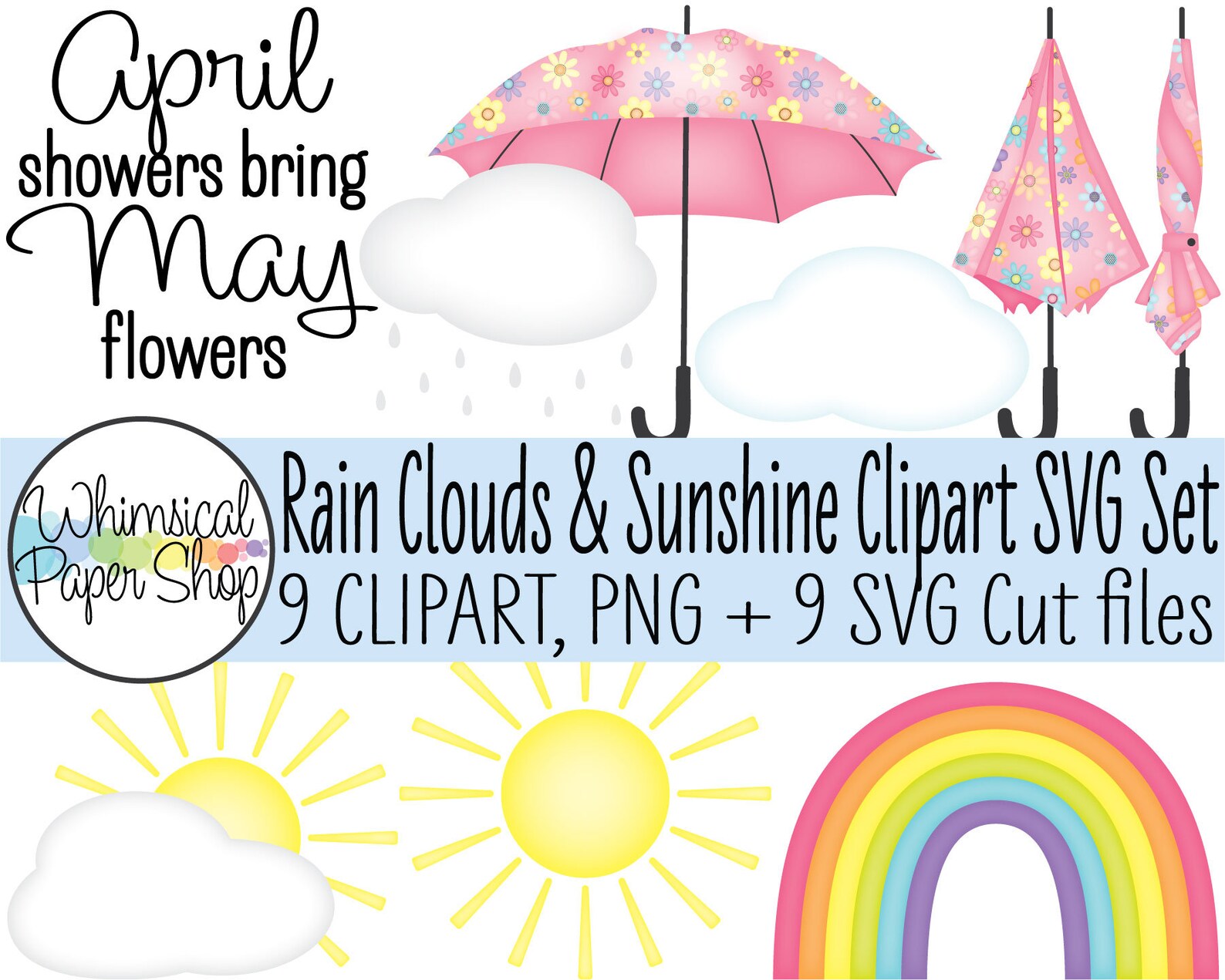 Rain Clouds Sunshine Rainbow Umbrella Clipart SVG Set Cute - Etsy