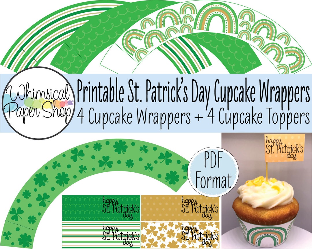 Printable St Patrick's Day Cupcake Wrappers & Picks, Rainbow Cupcake ...