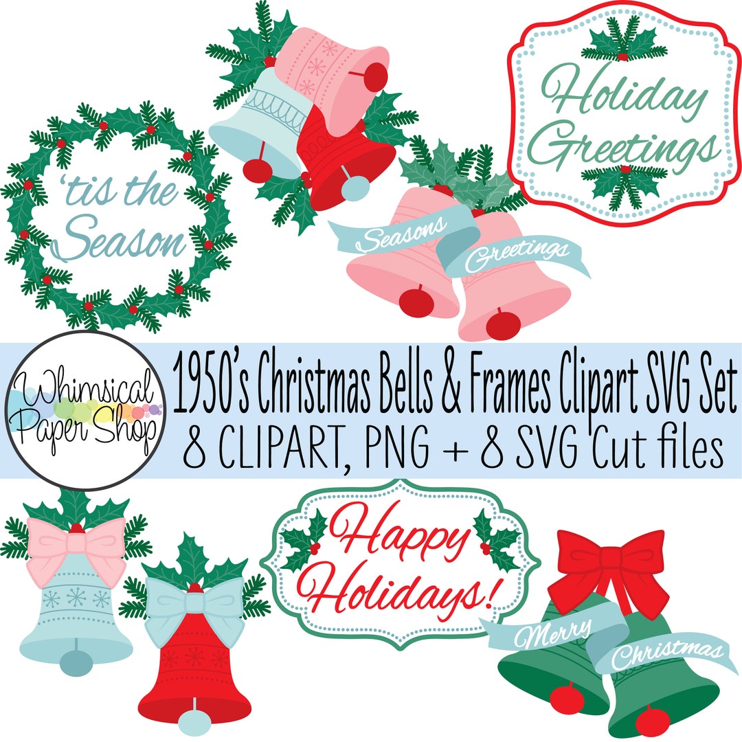 Retro Christmas Bells & Frames SVG Clipart Set, Retro Christmas Png ...