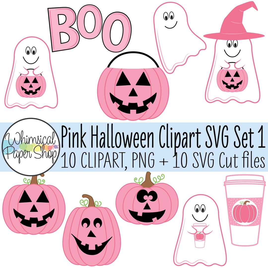 Pink Halloween Ghost SVG Clipart Set, Boo Svg, Cute Ghost Clipart ...
