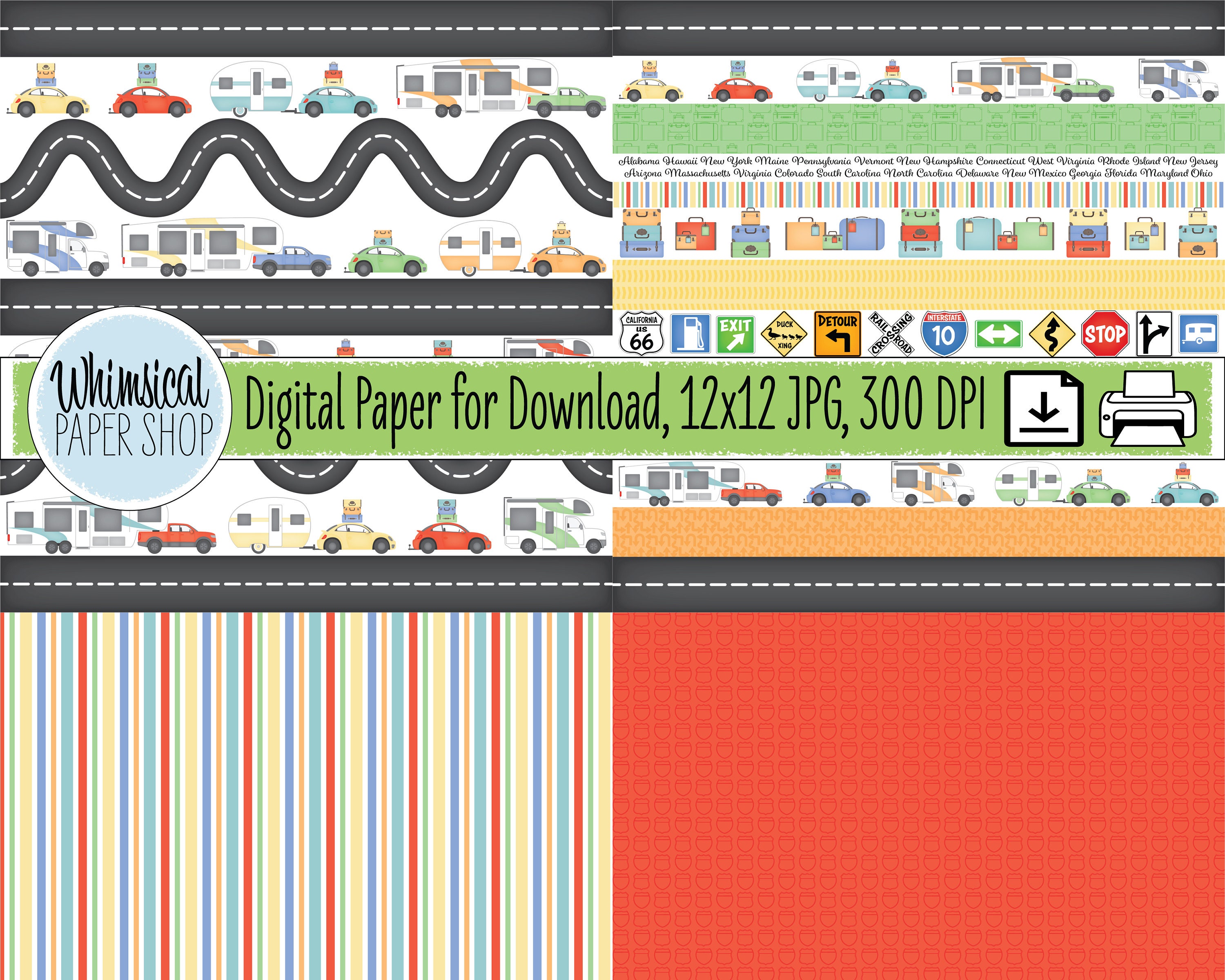 Printable Road Trip Scrapbook Paper 12x12 JPG Images for - Etsy Canada