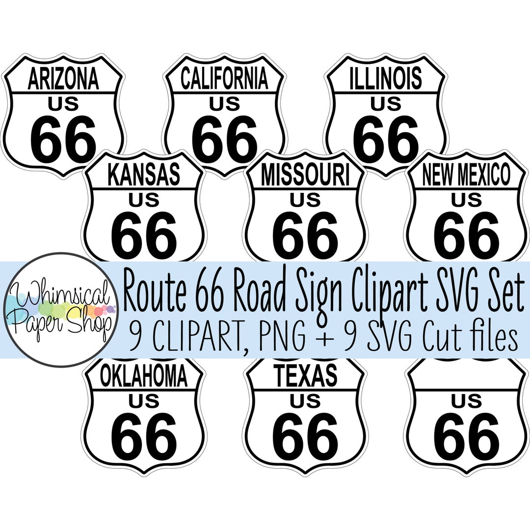 Route 66 SVG Clipart Set, Printable Route 66 Sign, Route 66 Png, Route ...
