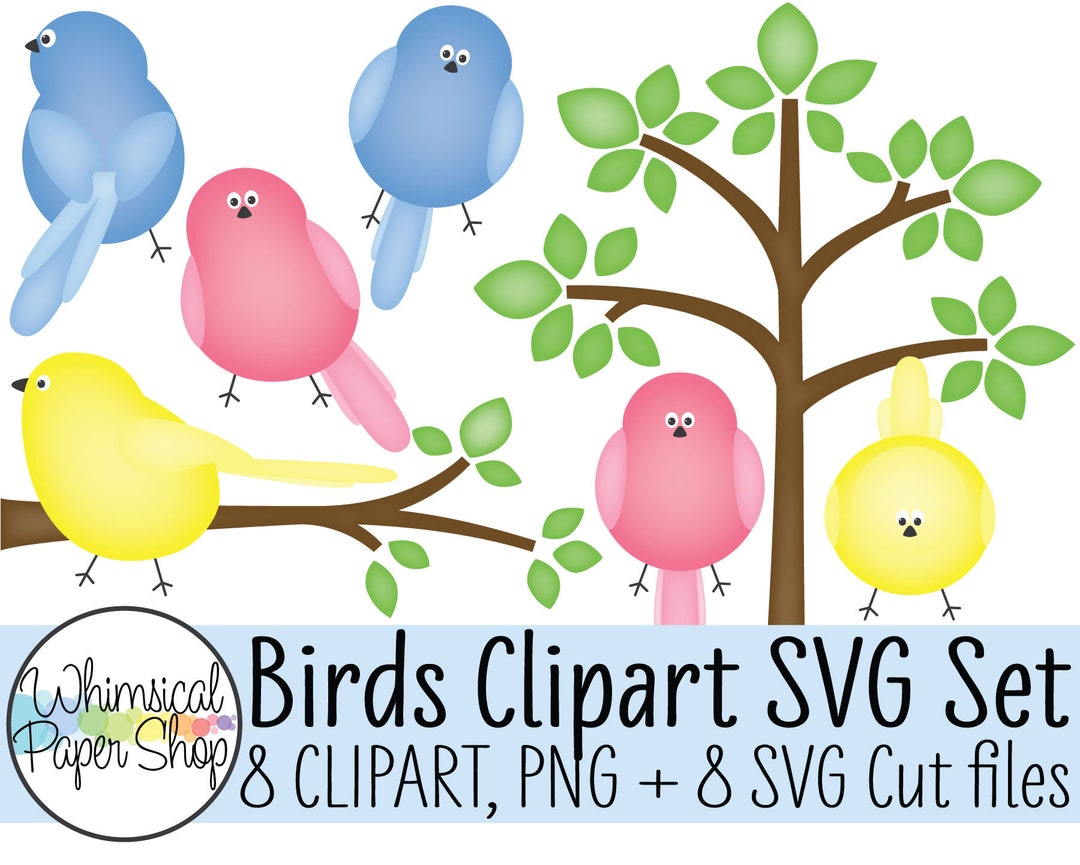 Birds Clipart SVG Set, Cute Tree Clipart Svg, Cute Spring Pink Blue ...