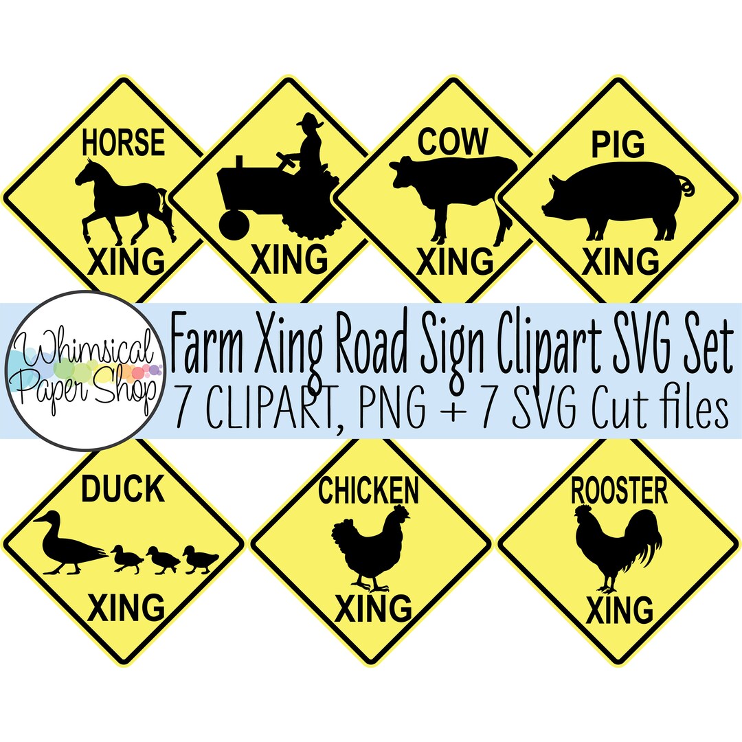 Farm Animal Xing Sign SVG Clipart Set. Rooster Crossing, Tractor ...