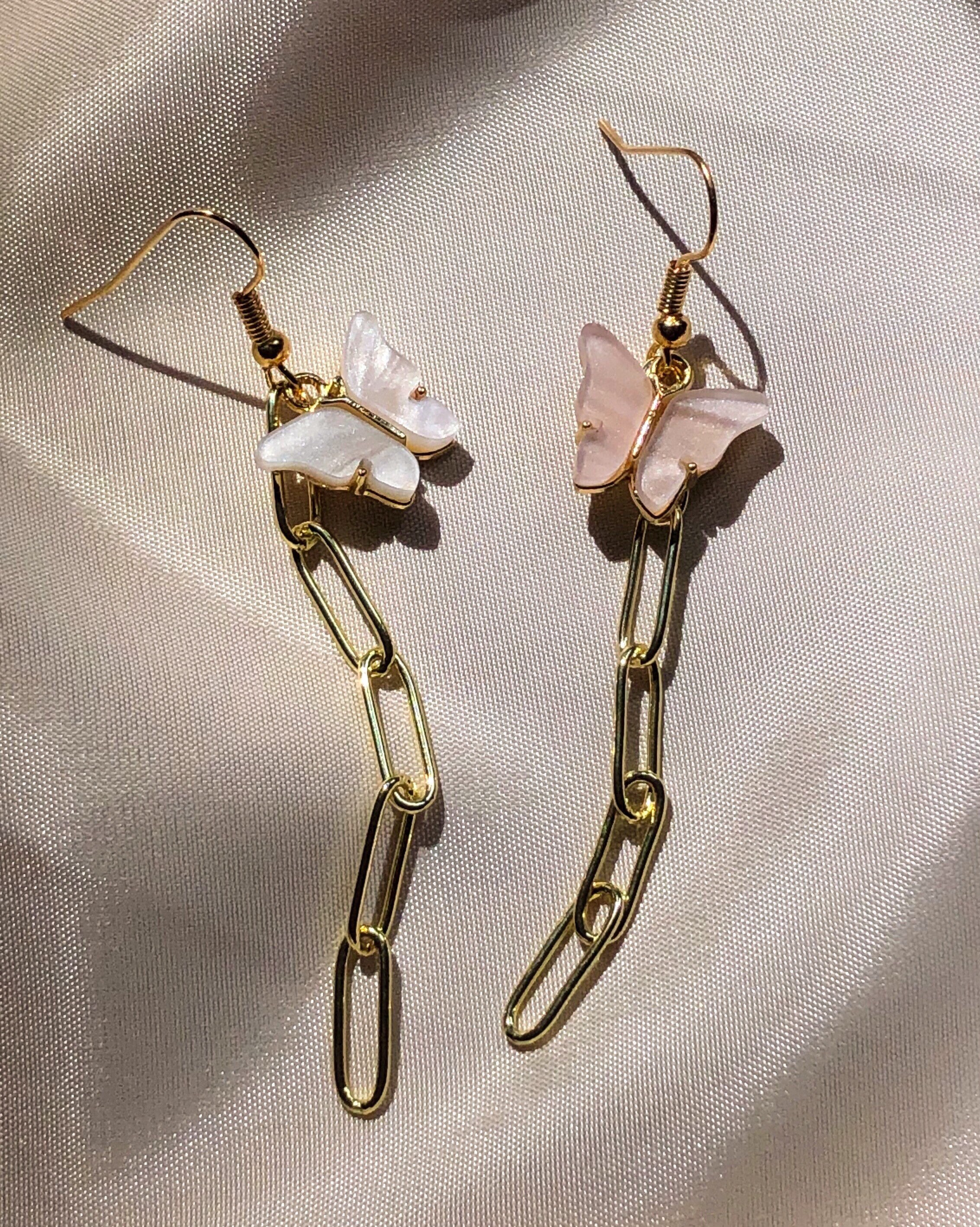 Gold Butterfly Chain Dangle Earrings White/pale Pink - Etsy