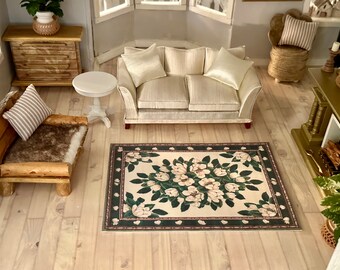 Miniature Dollhouse Velvet Rug 1:12 Scale Green Floral Aubusson Carpet ...