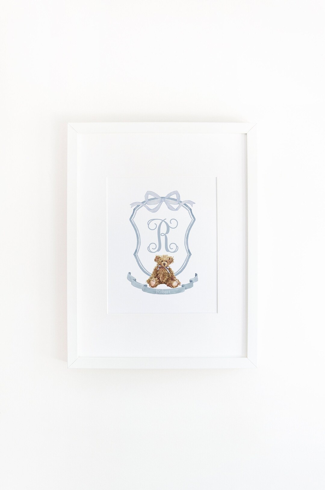 Watercolor Baby Boy Crest Monogram Baby Boy Teddy Bear Nursery Art Blue ...