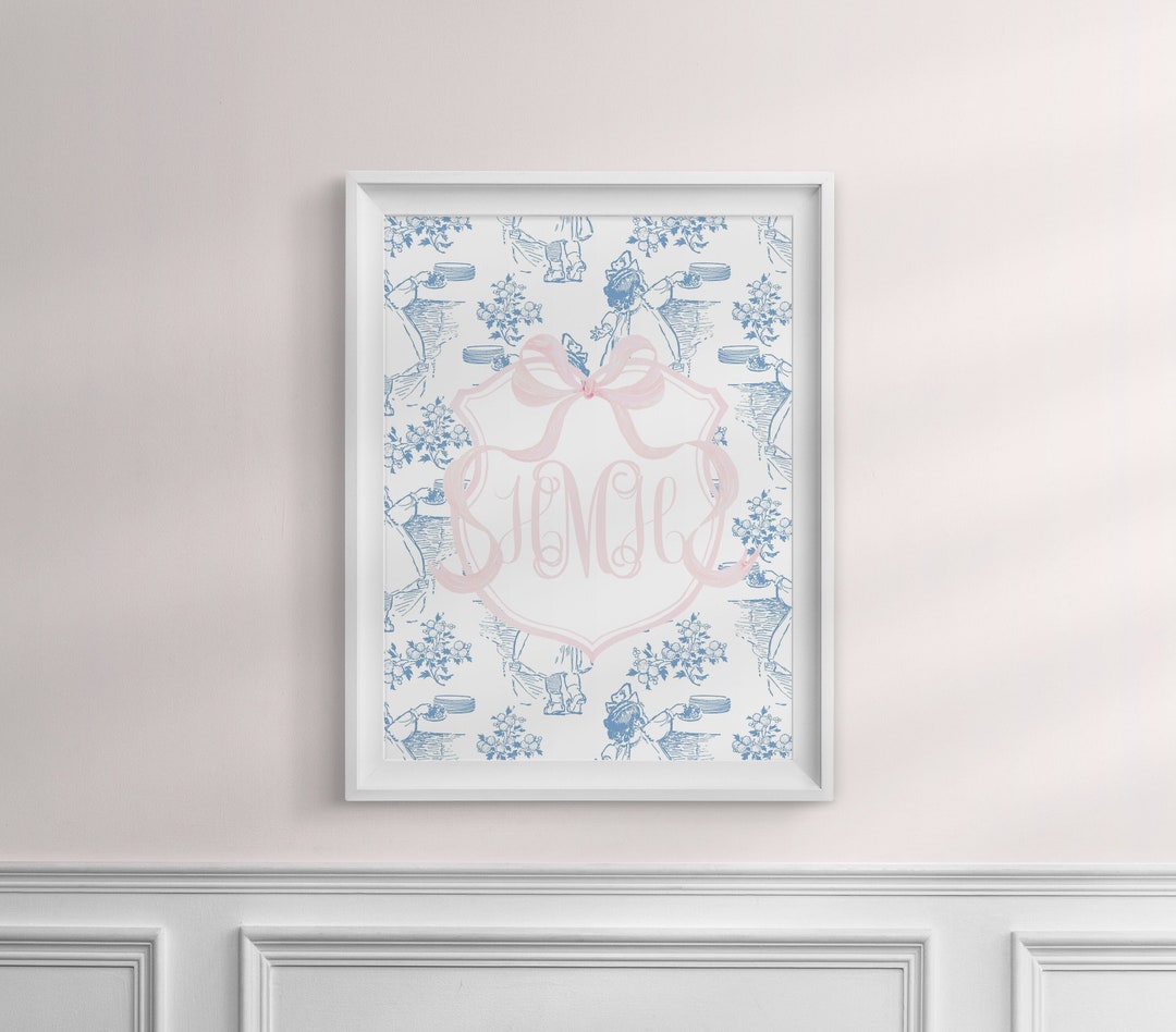 Grandmillennial Nursery Decor Wall Art for Girls Monogram Art Blue Pink ...