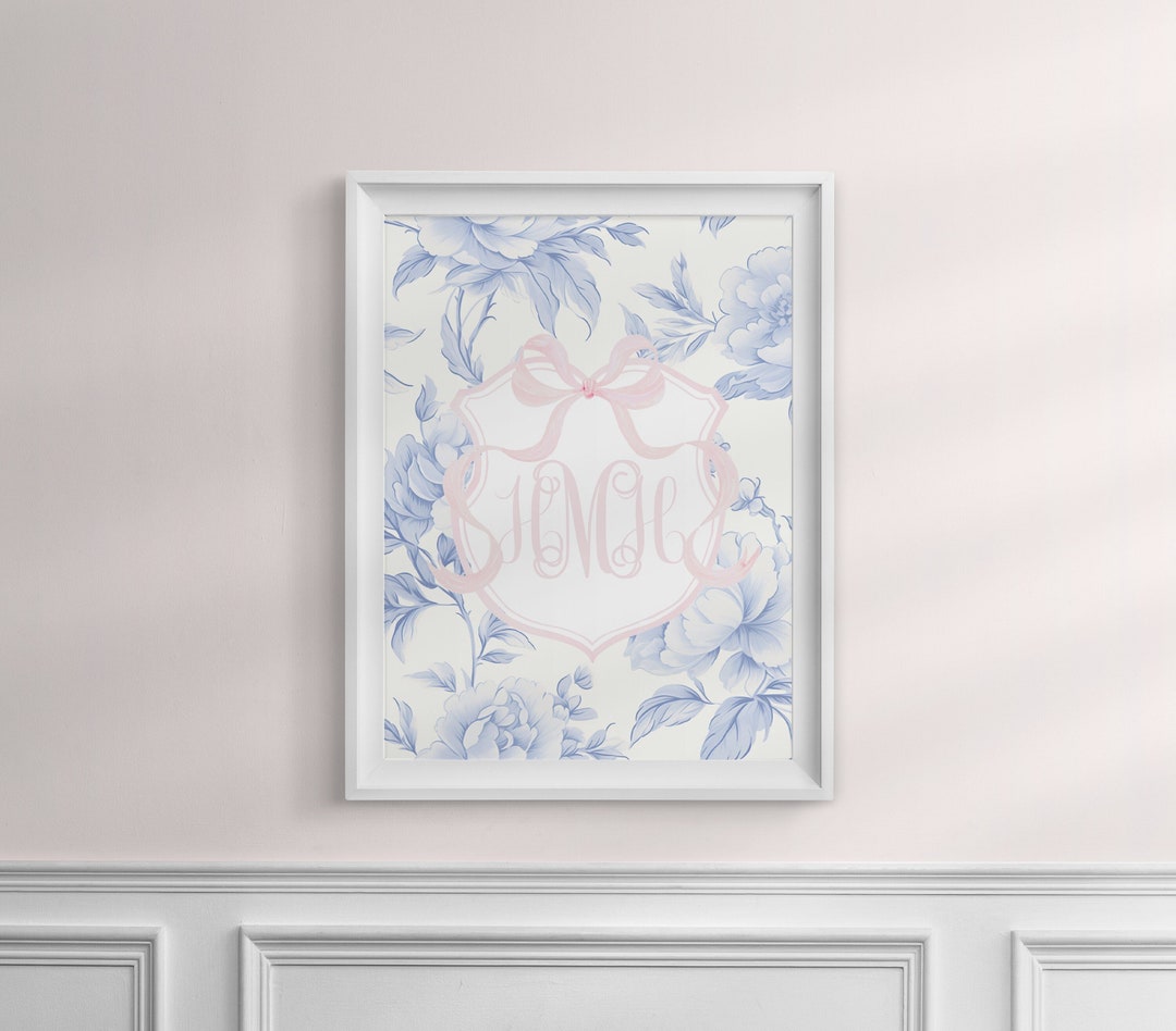 Grandmillennial Wall Art for Girls Monogram Art Blue Pink Nursery Wall ...