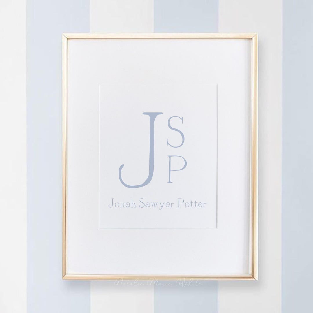 Monogram Initial Art Print: Personalized Blue Nursery Decor (digital ...