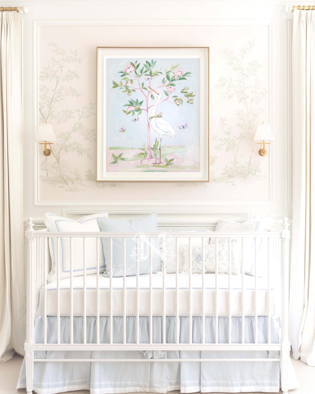 Grand Millennial Heron Bird Nursery Wall Art: Pastel Chinoiserie ...