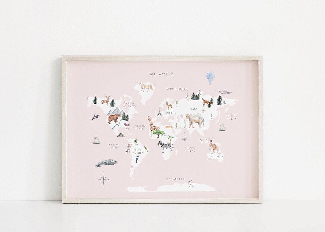Pink World Map Animal World Map Educational Posters Nursery World Map ...