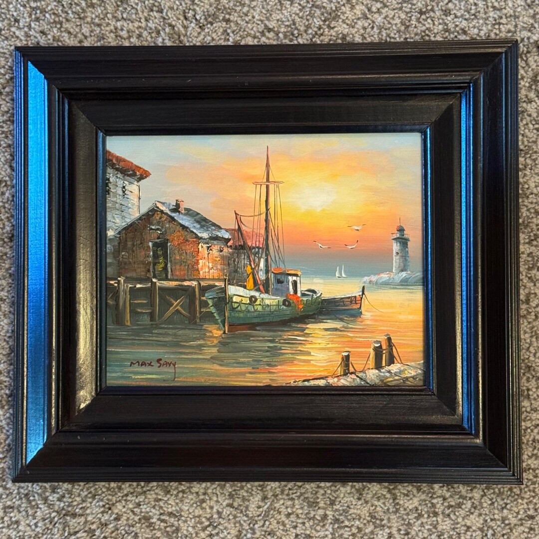 Vintage Signed Max Savy Oil on Canvas Boat Boathouse Scene Framed ...