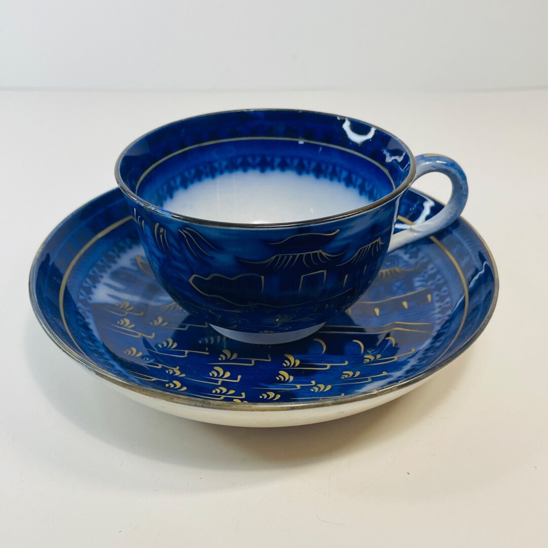 Antique DAGGER BORDER Teacup and Saucer Flow Blue Gold - Etsy