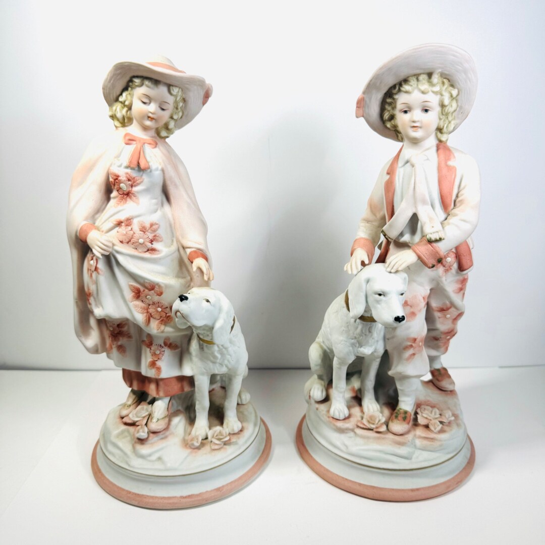 Vintage Camille Naudot Bisque Figurines Boy and Girl With Dog Excellent - Etsy