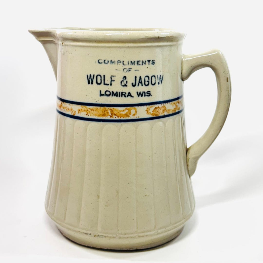 Vintage Red Wing Pottery Sponge Band Advertising Pitcher Wolf & Jagow ...
