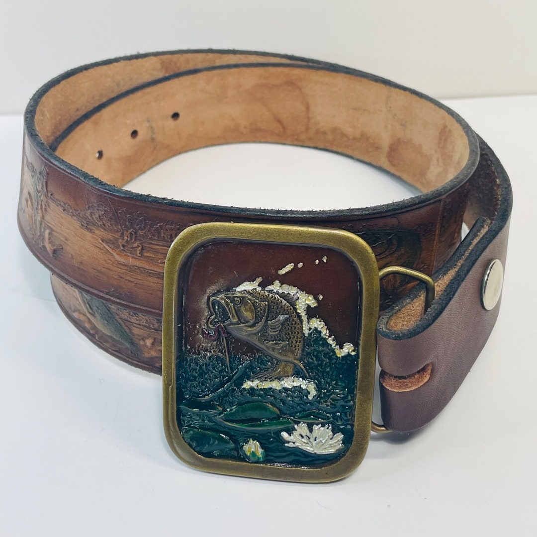 Vintage 1976 Bass Belt Buckle With Hand Tooled Leather Belt 38.5” Long ...