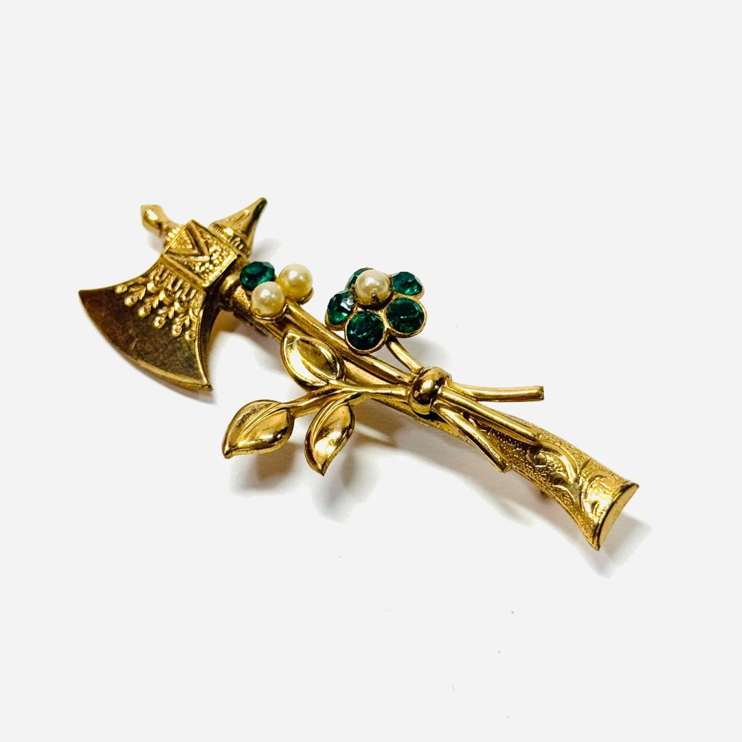 Vintage CORO Gold-tone Axe Hatchet Pin Brooch Pearls Green Rhinestones ...