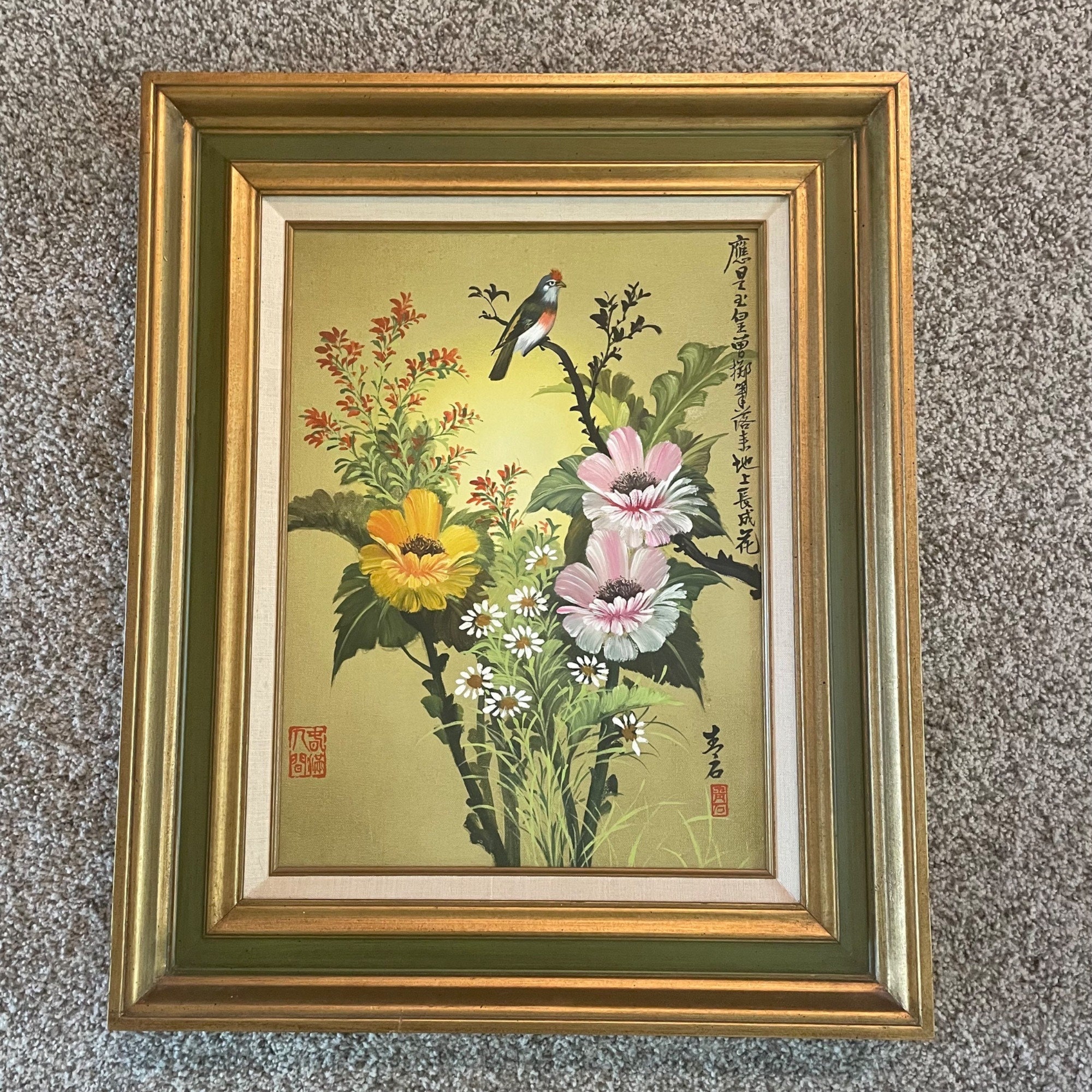 Vintage Framed Chinese Canvas Painting Flowers Bird Calligraphy - Etsy